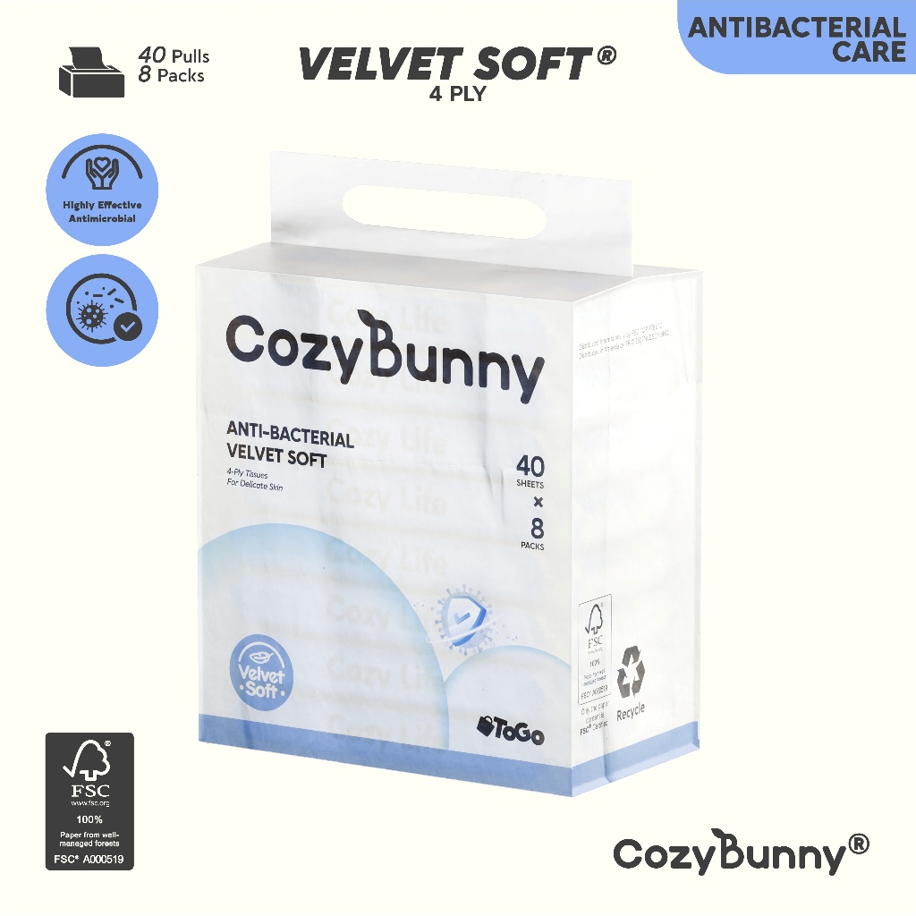 CozyBunny Velvet Soft Antibacterial Facial Tissues (To-Go) 8 Packs x 40 ...