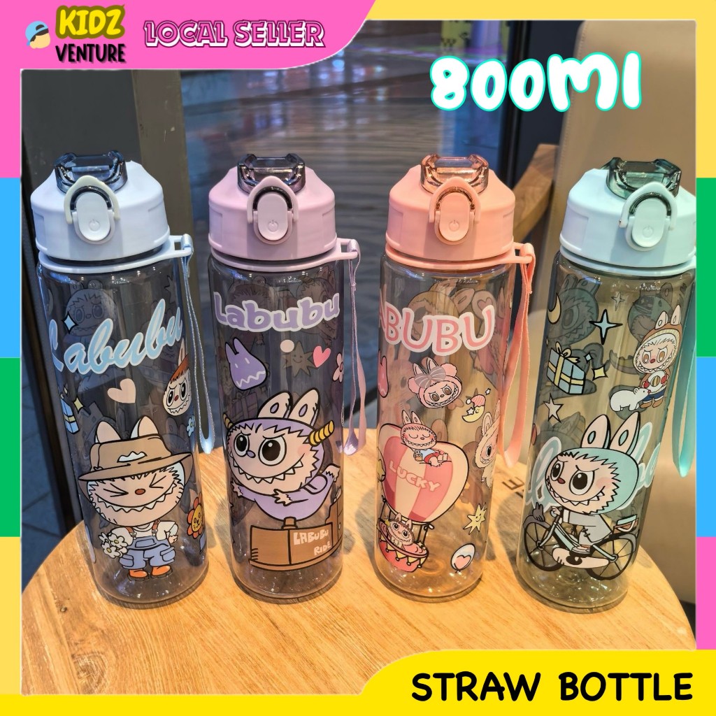 (READY STOCK) 800ml Color Labubu Tumbler Bottle Kids Straw Transparent Kawaii Travel School Cup ...