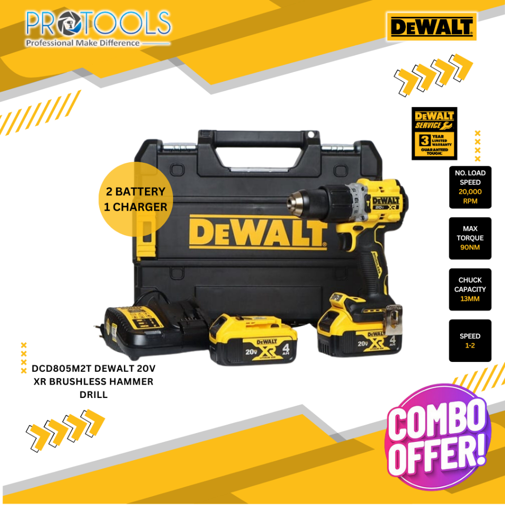 DEWALT DCD805M2T-B1 20V HAMMER DRILL WITH 2PCS 4.0AH BATTERY | DCD805 ...