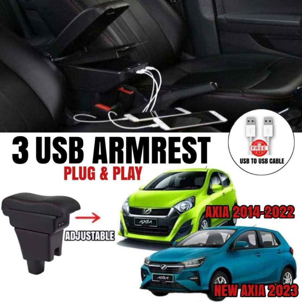 PERODUA AXIA Armrest 3USB Port Adjustable 2layer Console Box Storage ...