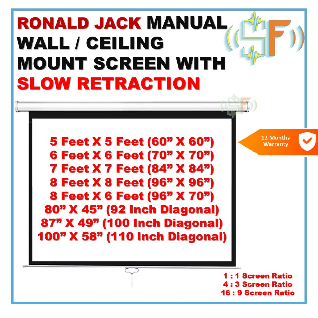 Manual Wall Ceiling Mount Projector Screen Ronald Jack 5X5 6X6 7X7 8X6 ...