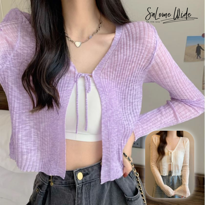 [ReadyStock] SALOME 1138 Korean Women Knit Basic Cardigan Front Strap ...