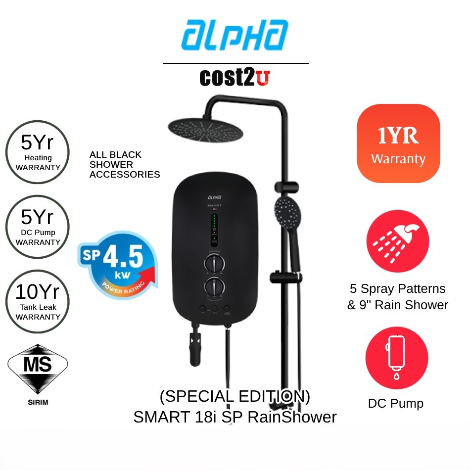 Alpha SMART 18 i SP Rain Shower Instant Water Heater with DC Pump 4.5kW | 18i Home Shower Heater ...