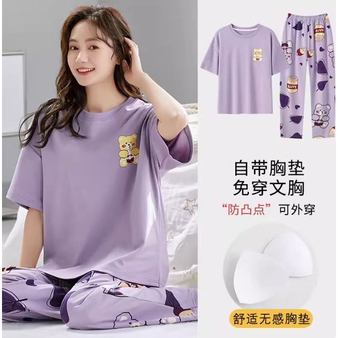 Malaysia Stock! SL 100% Cotton Pyjamas (with Bra Pad) Short Sleeve Long ...