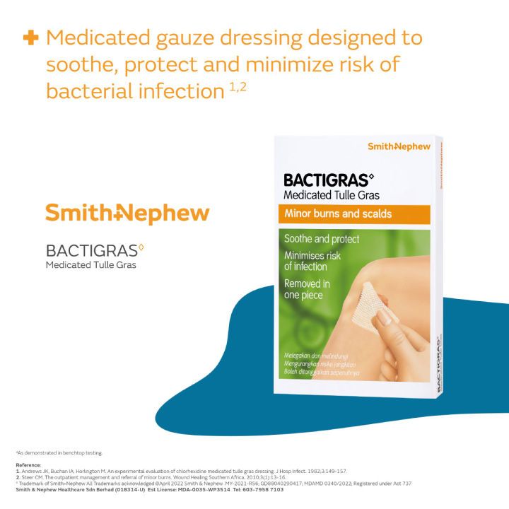 Smith & Nephew Bactigras Medicated Tulle Gras (3 sterile dressings 10cm ...