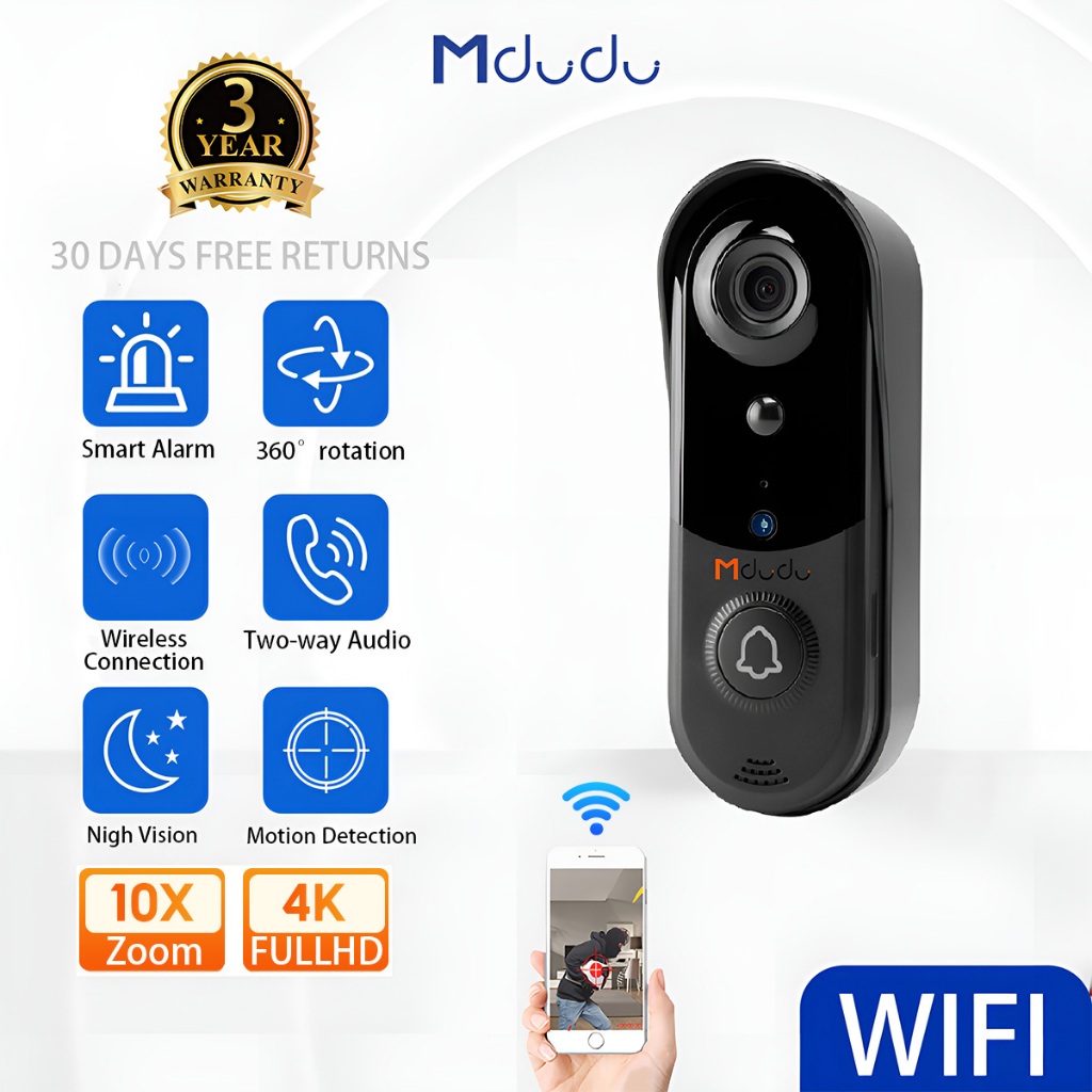 Mdudu Waterproof Doorbell Camera Rechargeable Doorbell Wi-Fi Color Full ...