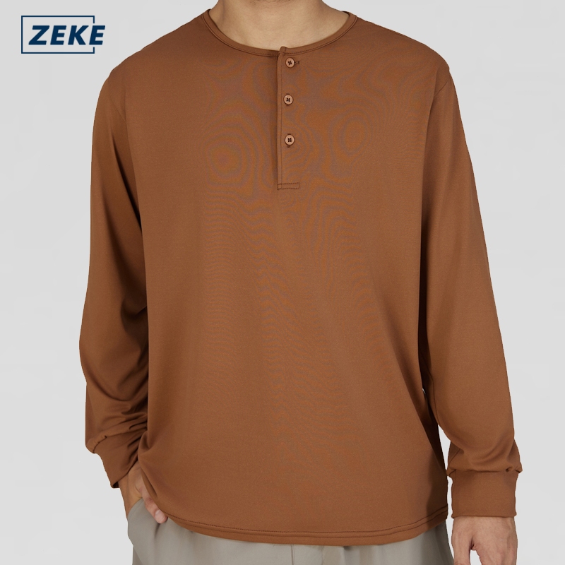 ZEKE A0036 Men's T-Shirt Henry Collar Long Sleeved Polo Shirt Lelaki ...