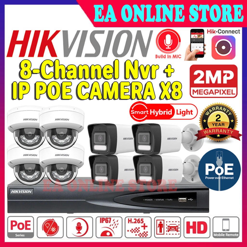 HIK HIKVISION 8CH 2.0MP DS-7608NI-Q1/8P NVR + 8 PoE CAMERA CCTV IP Network Smart Hybrid Light ...