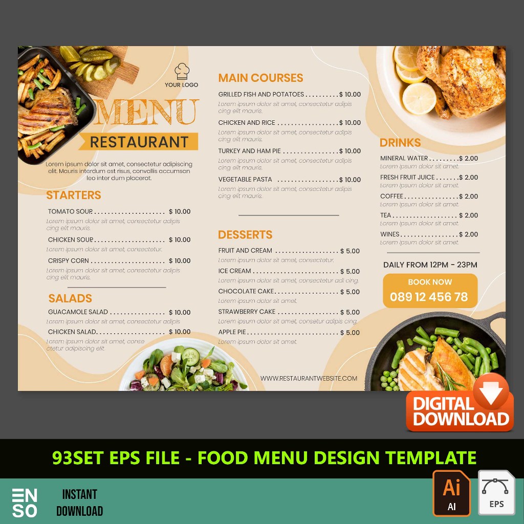 93-Set EPS File Restaurant Food Menu Design Template | Editable Adobe ...