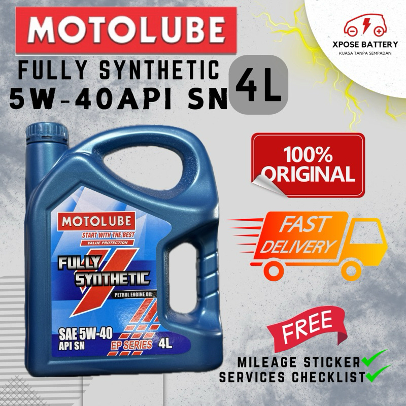 MOTOLUBE Fully Synthetic Petrol Engine oil 5W-40 SN 4L Minyak Hitam ...