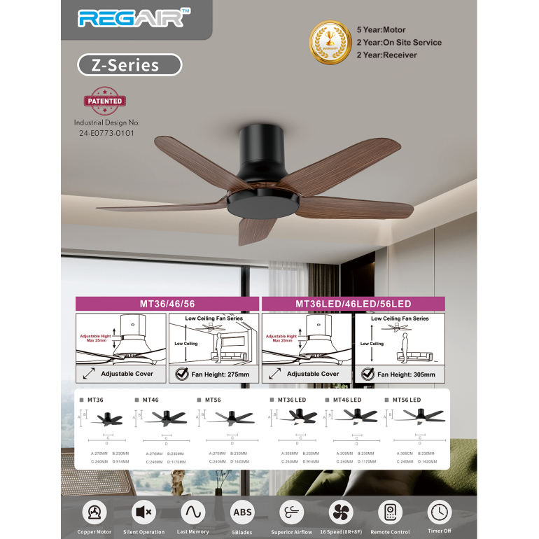 REGAIR MT36 CEILING FAN (5 ABS BLADE) (16 SPEED REMOTE CONTROL) (24W ...