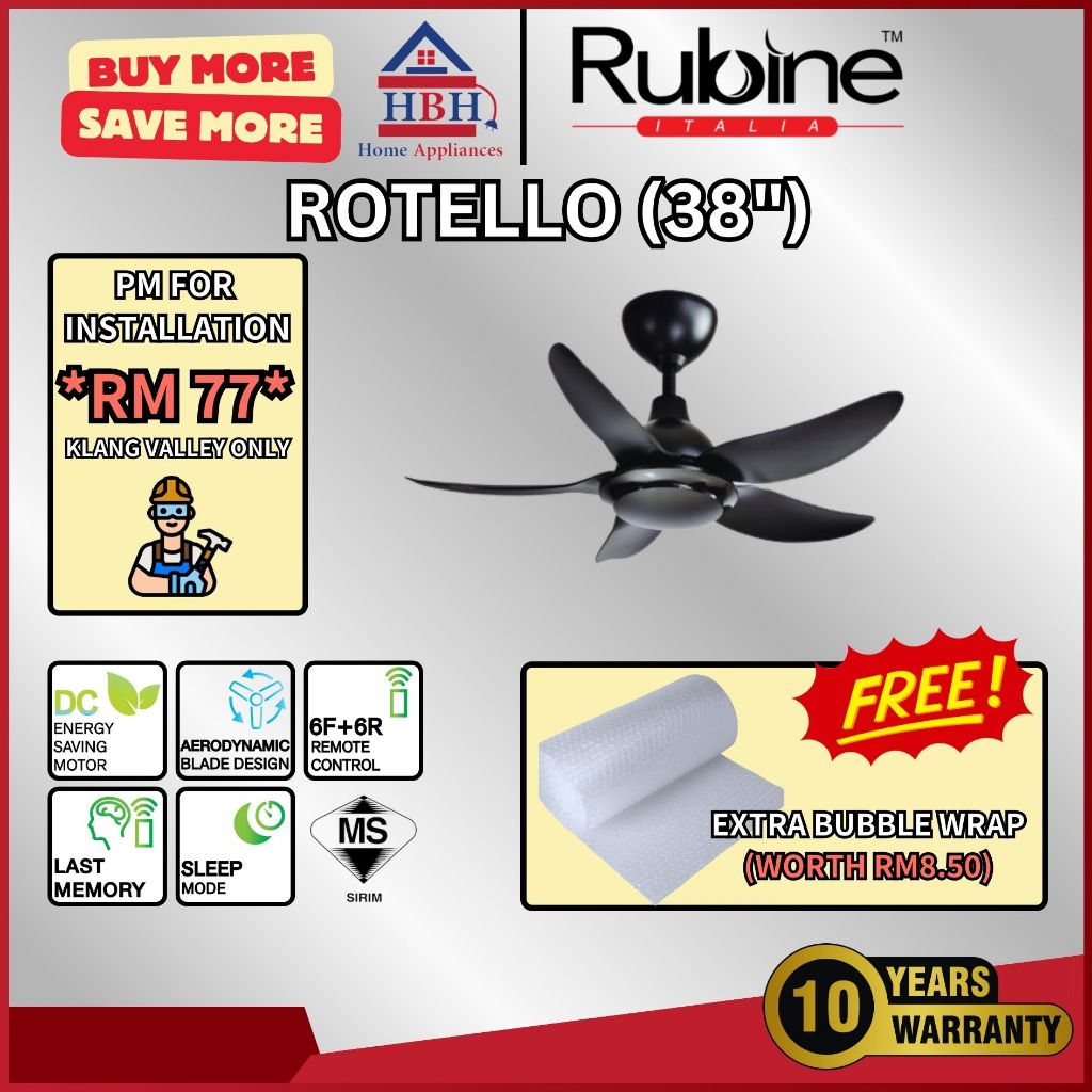 Rubine RCF-ROTELLO38-5B 5 Blade / SIRIM 5 Energy Star Reversible / Remote Control / DC Motor ...