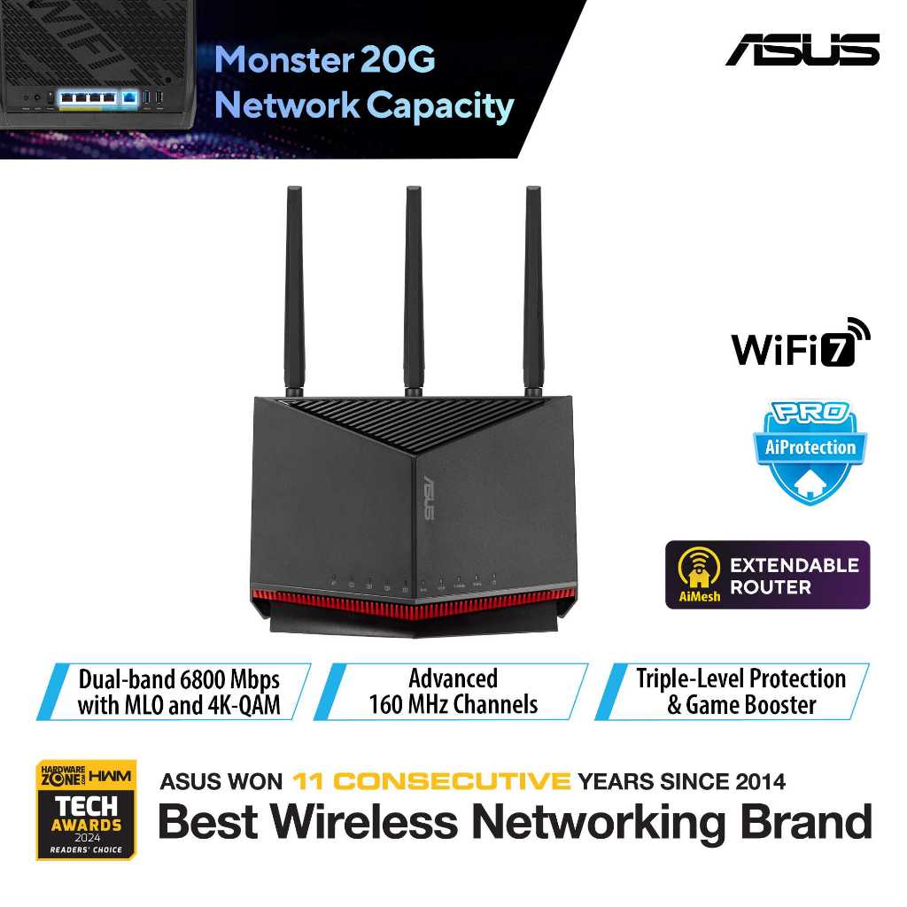 ASUS RT-BE86U BE6800 Dual-band WiFi 7 Router, supports 4096-QAM, Multi ...