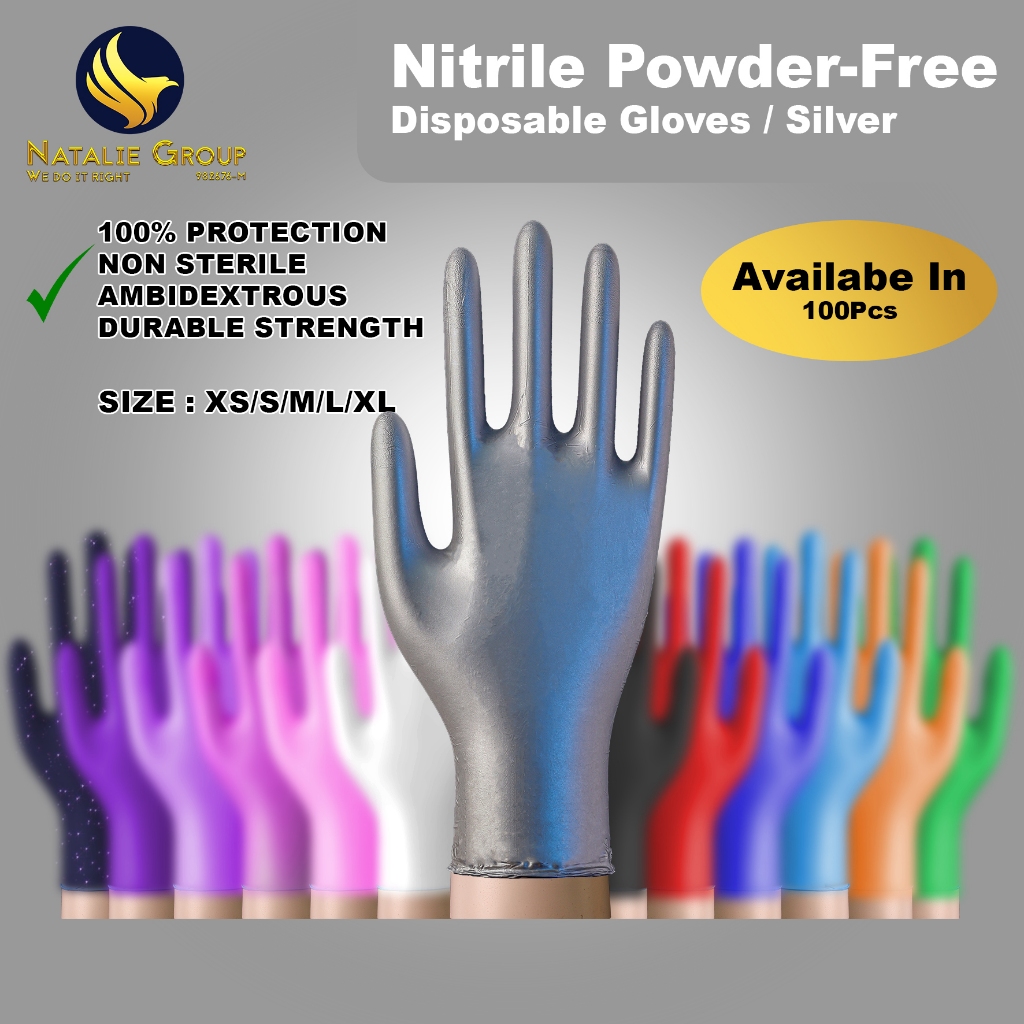 100 Pcs Silver Gloves Nitrile Powder-Free, Disposable Safety Gloves for ...