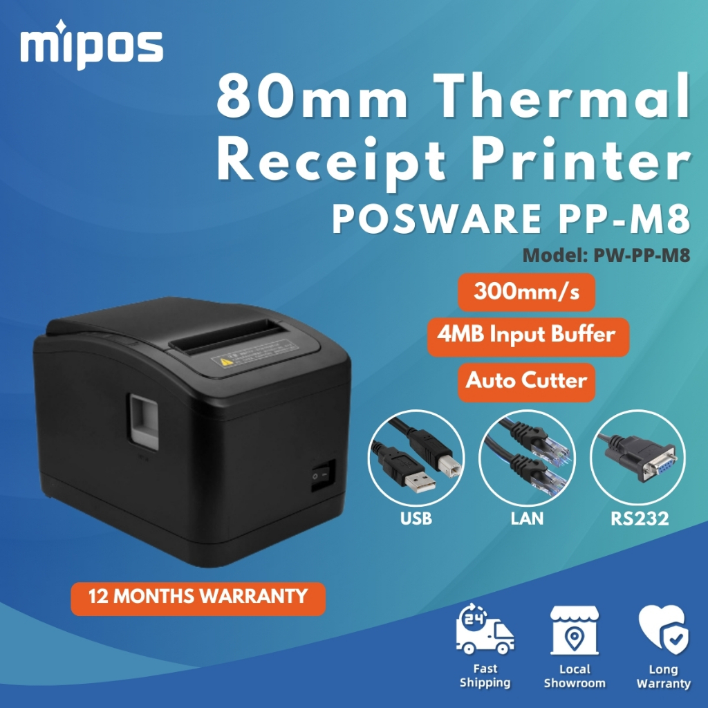 POSWARE PP-M8 80mm Auto Cutter POS Thermal Receipt Printer 4MB Input ...