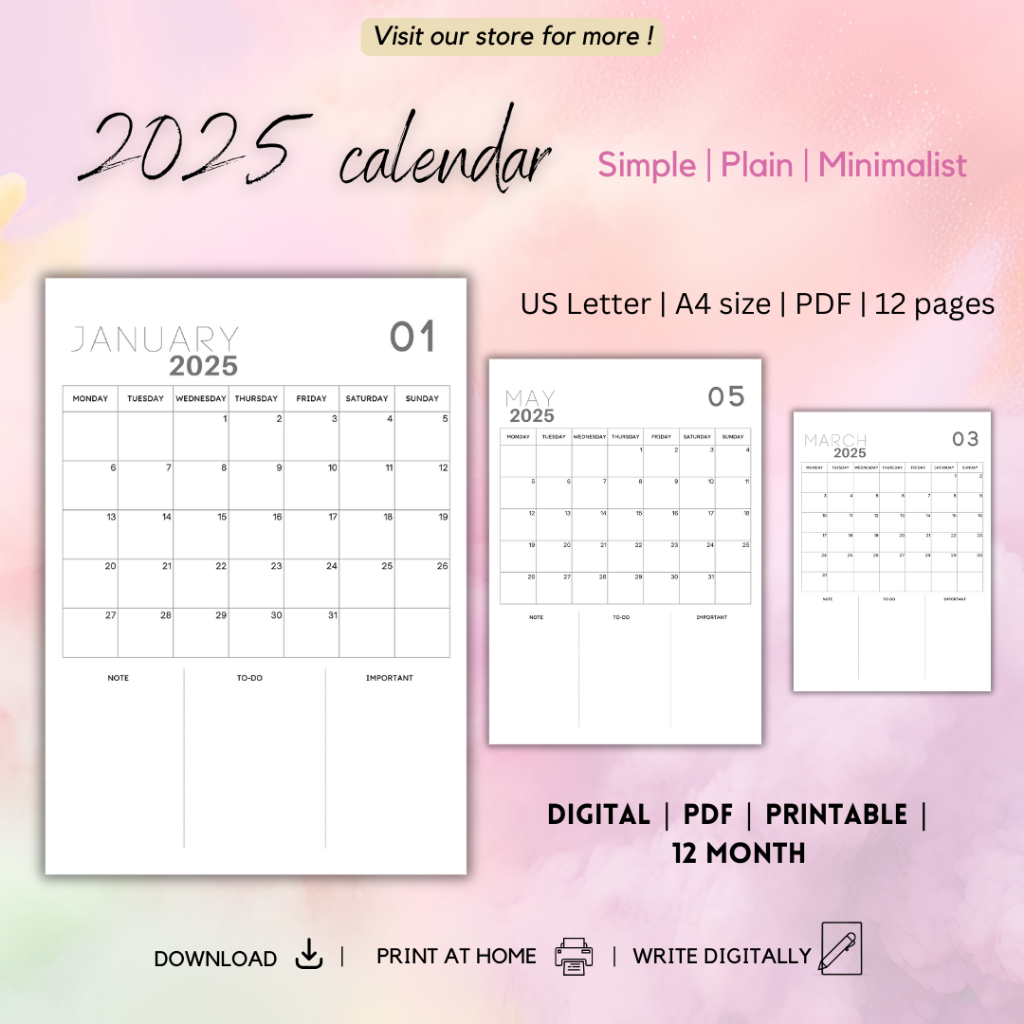 2025 CALENDAR | PLAIN MINIMALIST PORTRAIT | PDF | DIGITAL PRINTABLE ...
