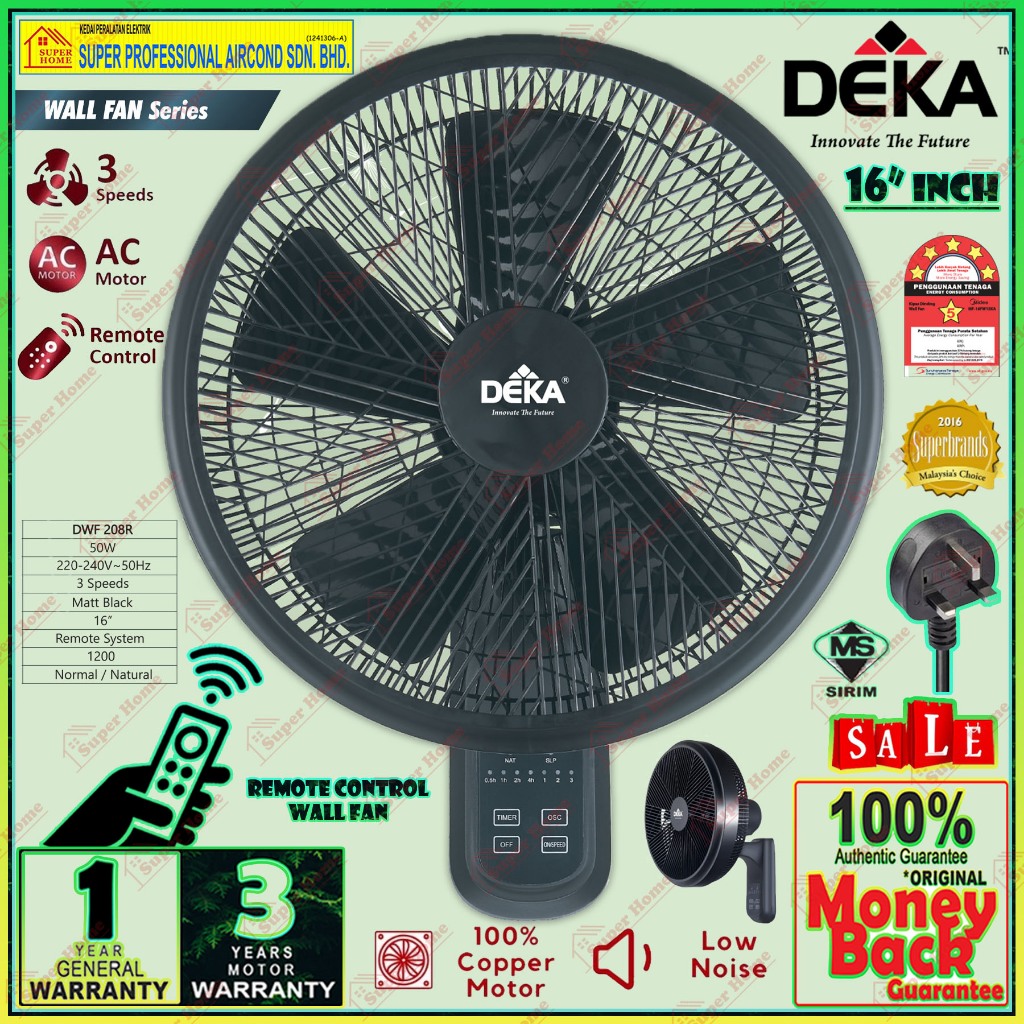 Deka Wall Fan DWF 208R 16 inch Wall Fan with Remote Control Matt Black ...