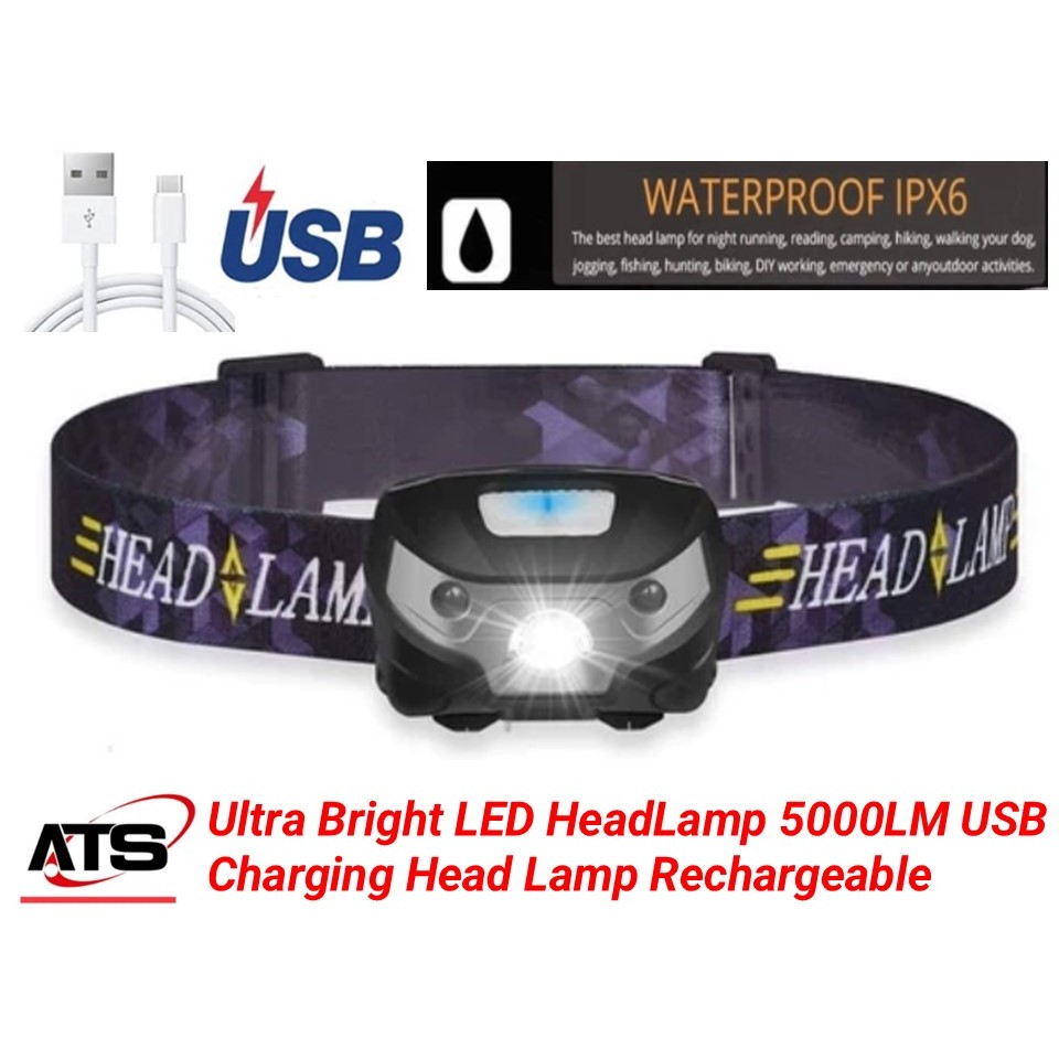 Ultra Bright LED HeadLamp 5000LM USB Charging Head Lamp Rechargeable ...