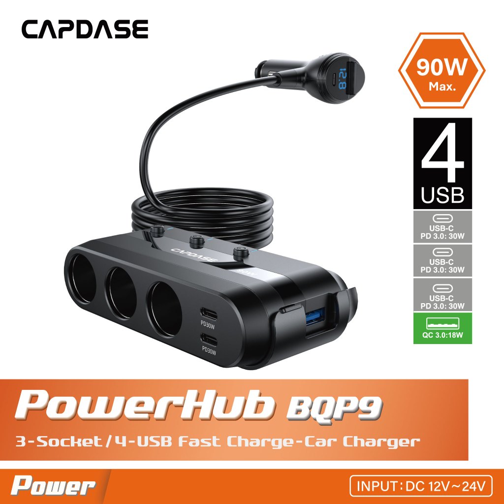 CAPDASE POWERHUB BQP9 3-Socket and 4-USB QC 3.0 and USB-C PD 90W Car ...