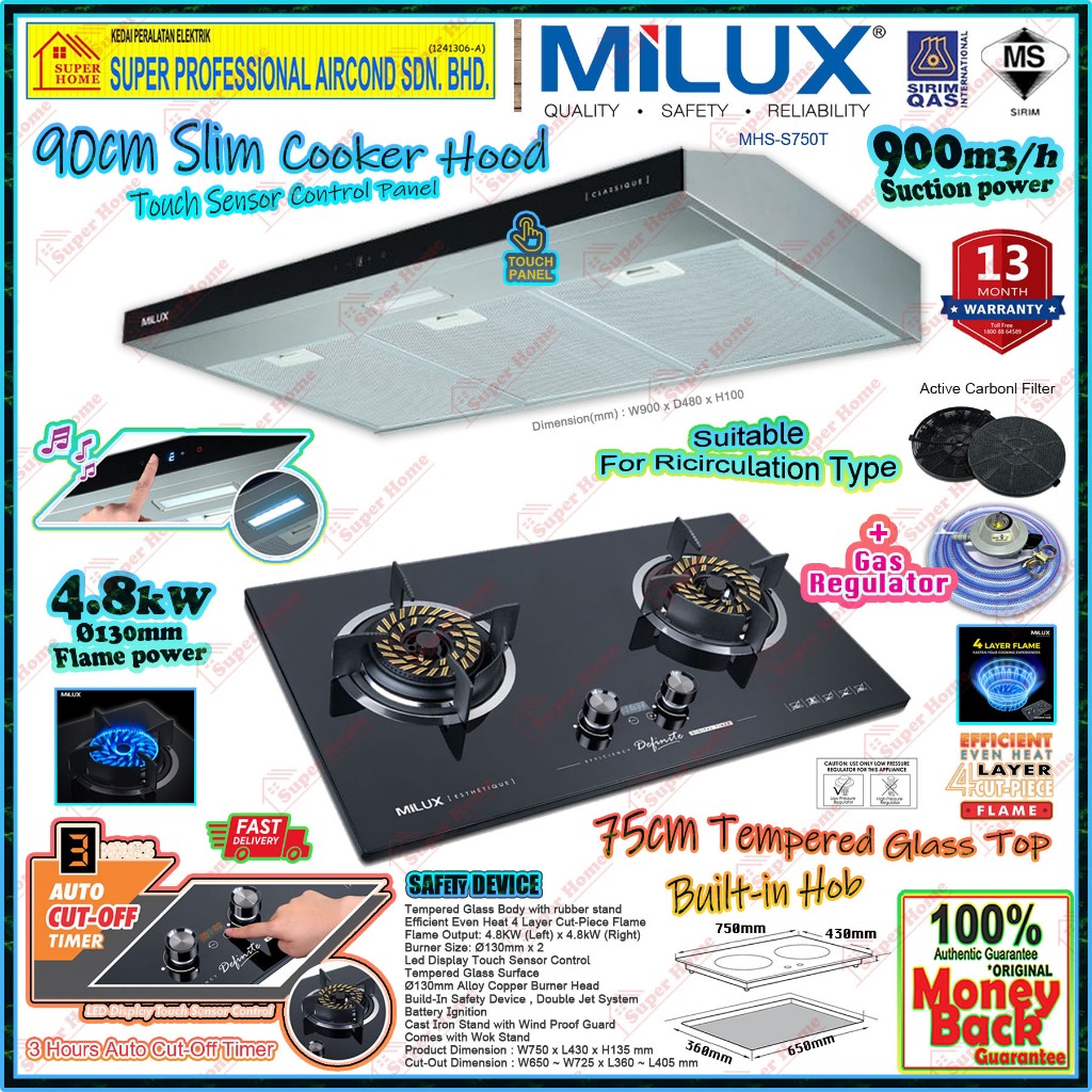 Milux Slim Hood MHS-S750T ((Touch Sensor Control Panel)) 90cm Cooker ...