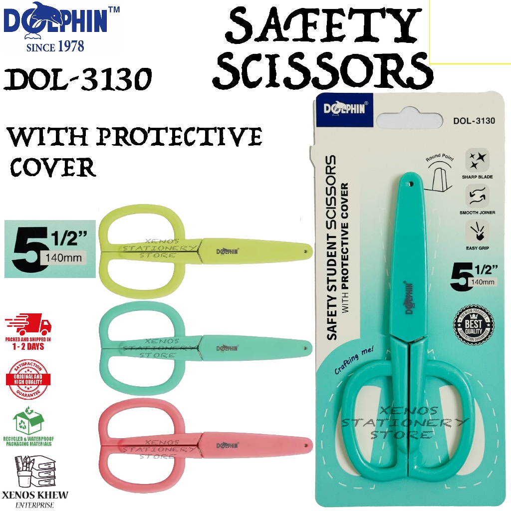 DOLPHIN STUDENT SCISSORS WITH PROTECTIVE COVER / DOLPHIN GUNTING WITH ...