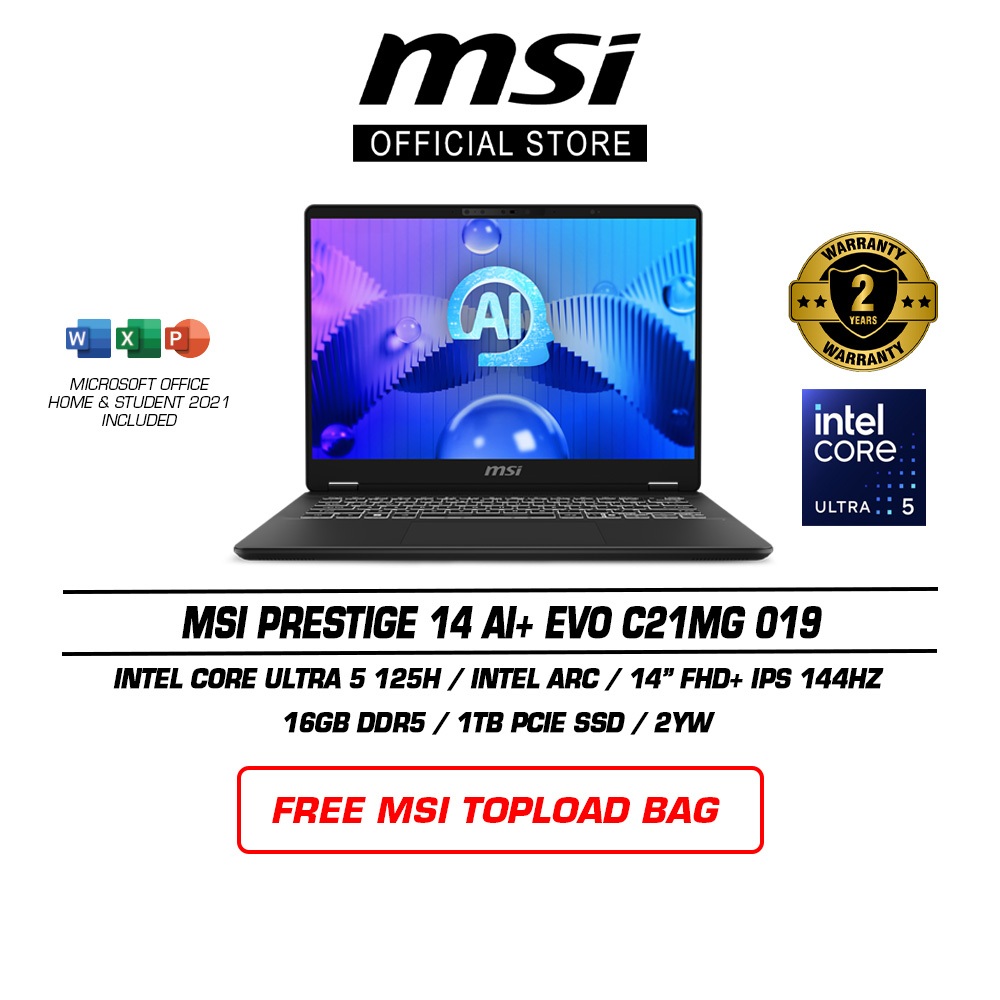 MSI Prestige 14 AI Evo C1MG 019 (14" FHD+ IPS/Ultra 5 125H/16GB DDR5/1TB SSD/Intel Arc/Win11 ...