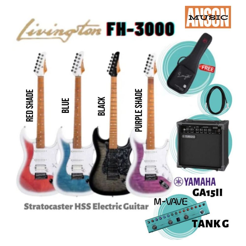Livingston FH-3000 Stratocaster HSS Electric Guitar, Roasted Maple FB With Yamaha GA15II ...
