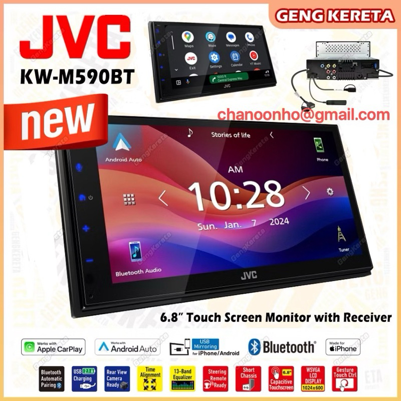 Original JVC KW-M590BT Digital Media Receiver 6.8" Capacitive Touch Monitor Double Din (Apple ...