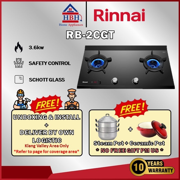 (FREE INSTALL) Rinnai RB-2CGT | 2-Inner Burner Built-in Gas Hob (Glass) | 3.6kW Gas Input ...
