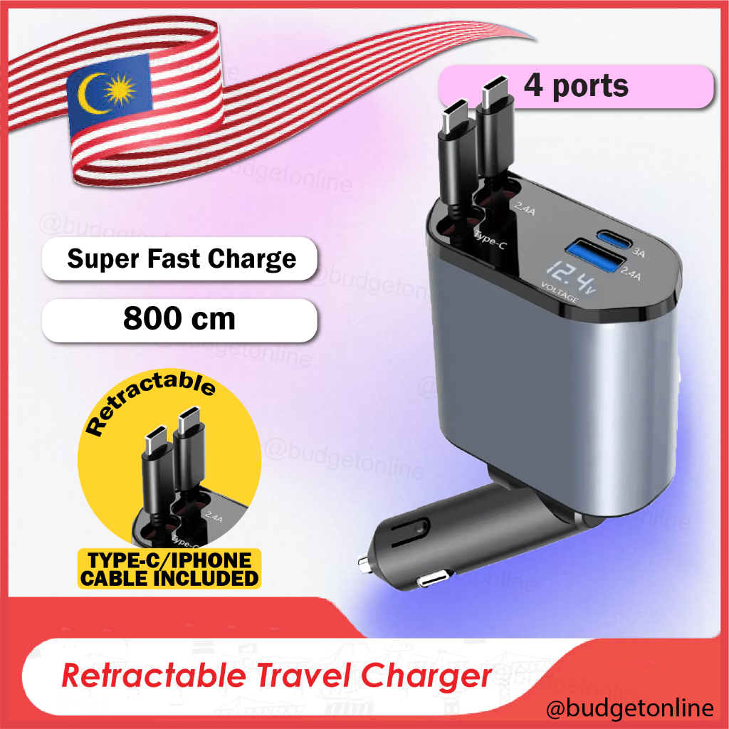 100W Super Fast Car Phone Charger Retractable Car Charger 4 in 1 Heavy ...