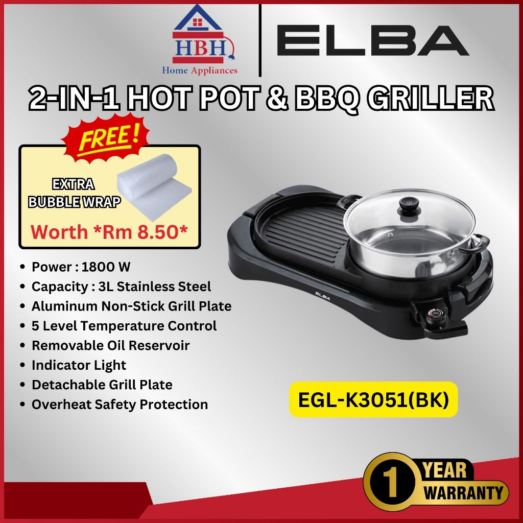 (Free Install) Elba | EGL-K3051(BK) | 2-in-1 Hot Pot and BBQ Griller ...