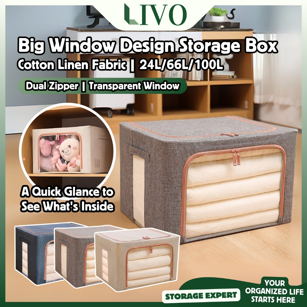 Foldable Big Window Storage Box 24L 66L 100L Cotton Linen Zipper Window ...