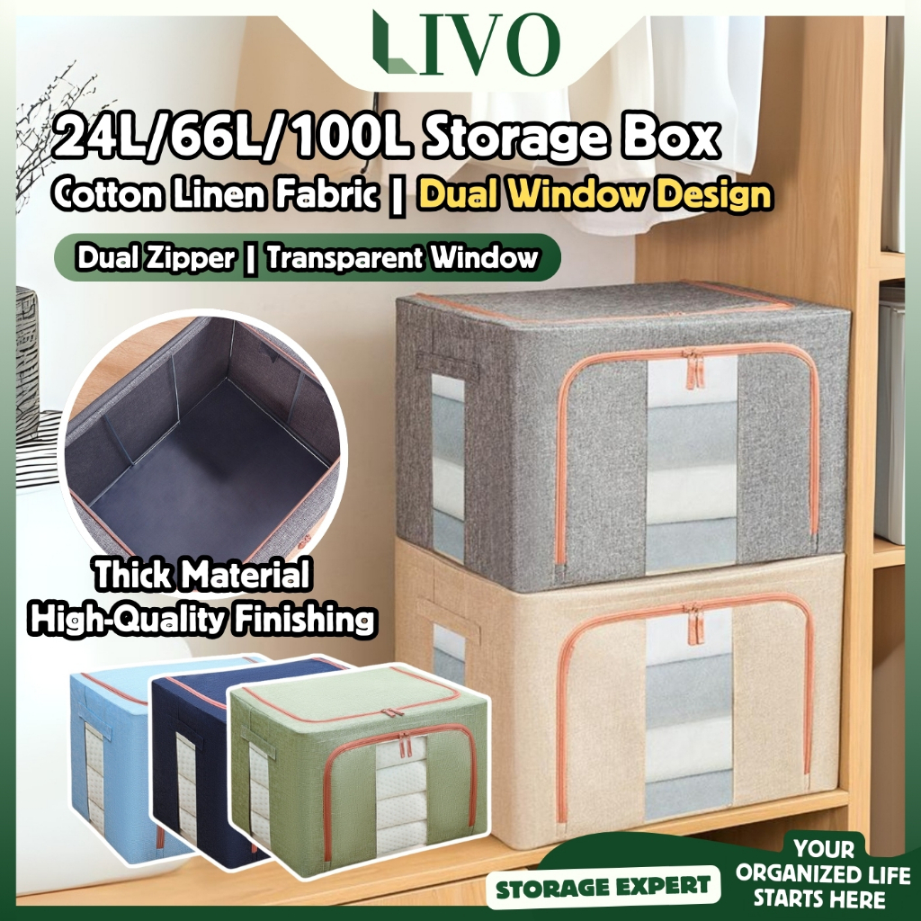 24L 66L 100L Double Window Storage Box Cotton Linen Zipper Window ...