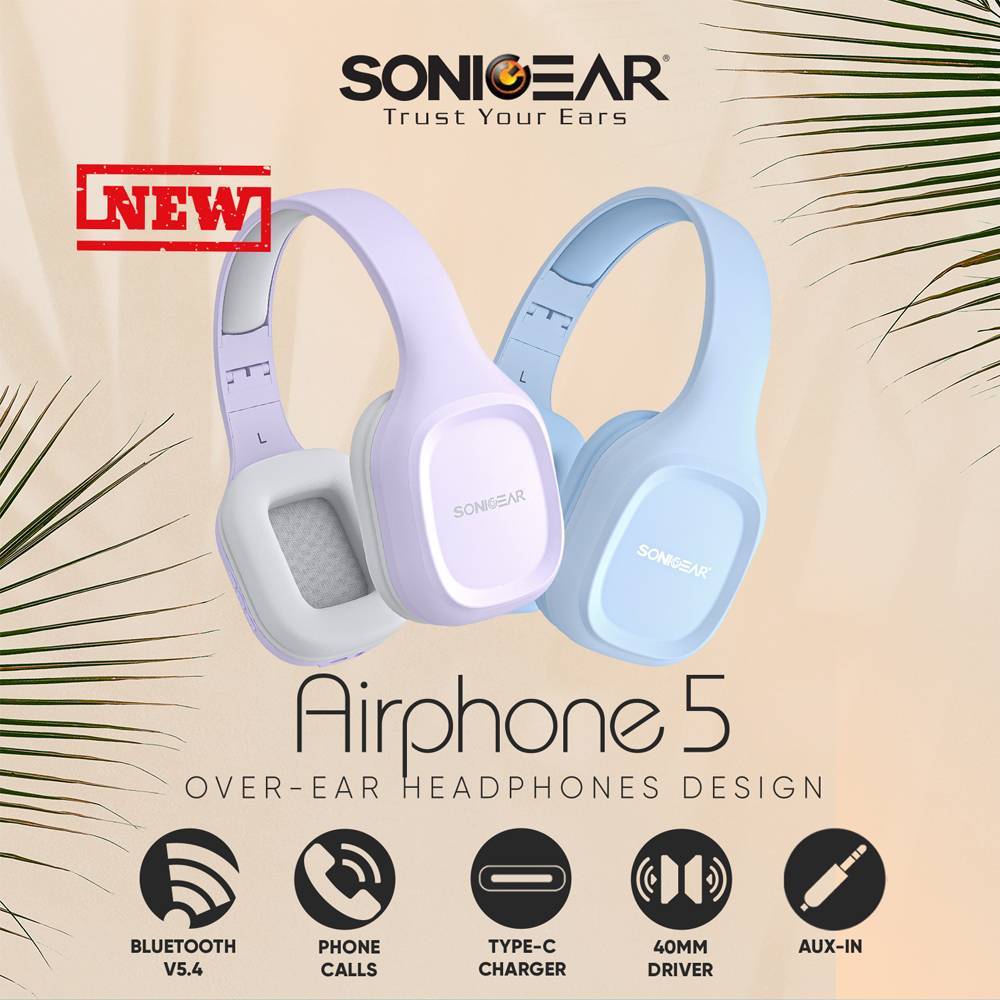 (NEW) SonicGear Airphone 5 Bluetooth 5.4 Headphone Foldable Full Ear ...