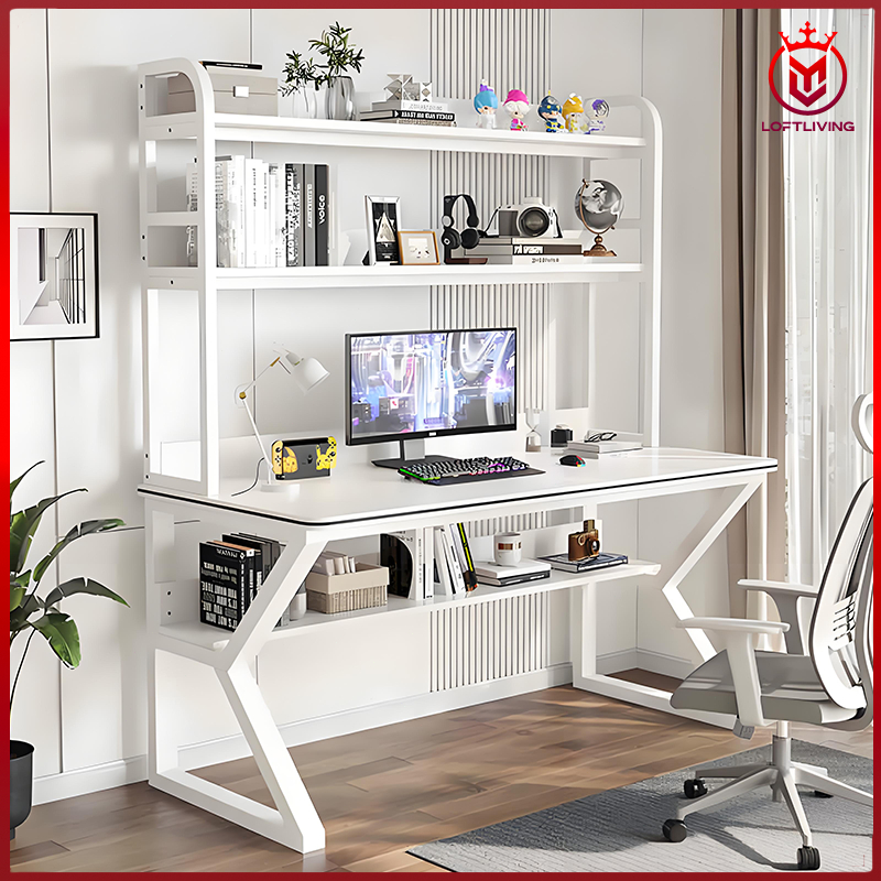 LOFT-Computer Desk With Bookshelf Gaming Table With Storage Rack ...