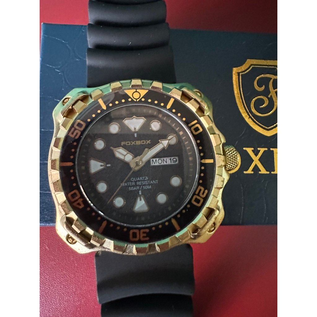 FOXBOX Watch 45mm quartz movement 50m gold plated case new reacreation ...