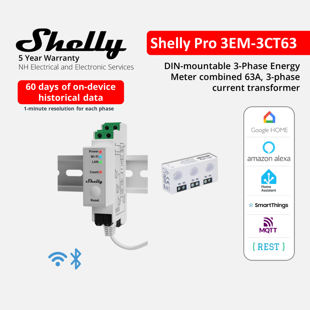 Shelly Pro 3EM-3CT63 (DIN-mountable 3-Phase Energy Meter combined 63A ...