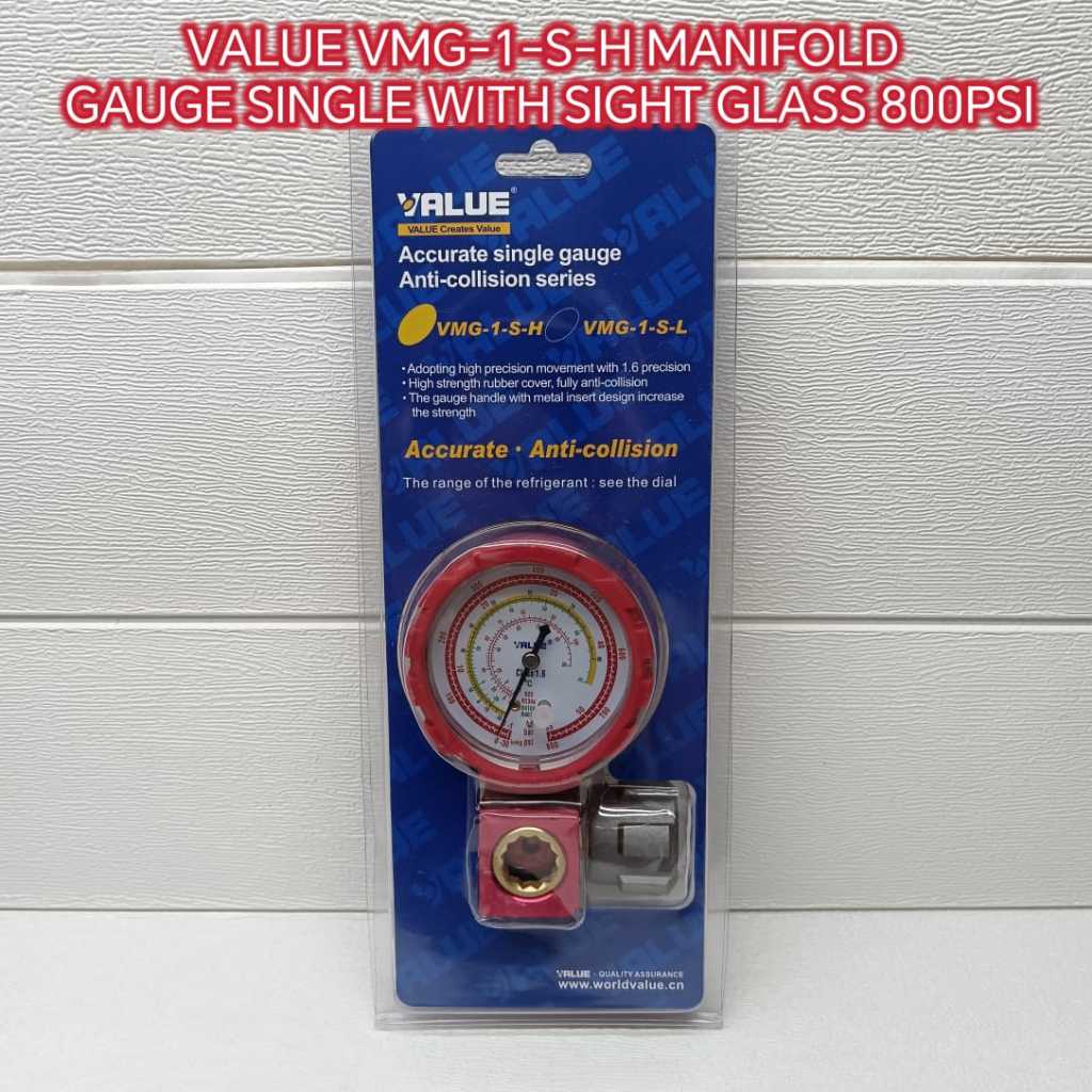 VALUE VMG-1-S-H MANIFOLD GAUGE SINGLE WITH SIGHT GLASS & HOOK HIGH PRESSURE 30-800PSI GAS METER ...