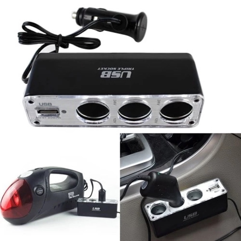12V/5A 3 Way Universal Car Sockets Splitter Plug LED USB DC Charger ...