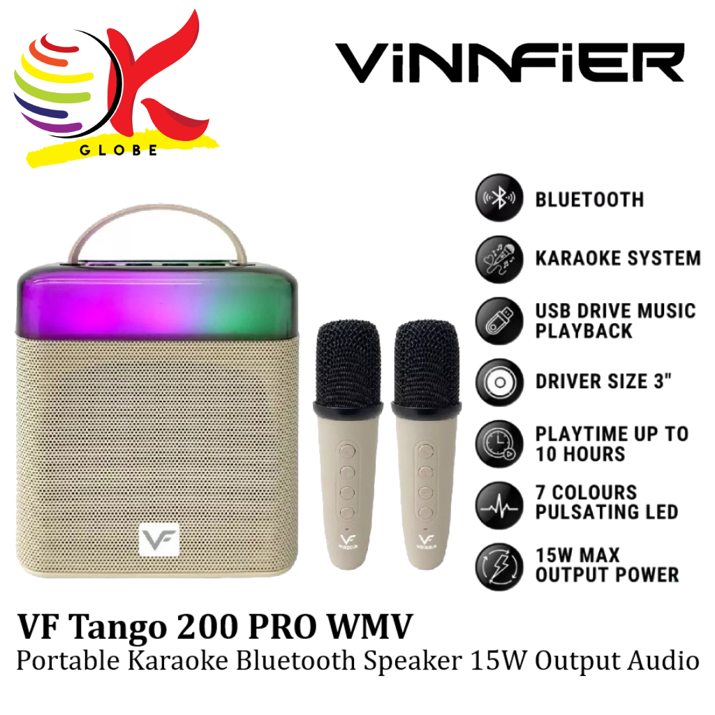 VINNFIER TANGO 200 PRO WMV PORTABLE KARAOKE BLUETOOTH SPEAKER WITH LED LIGHTS / 15W OUTPUT ...