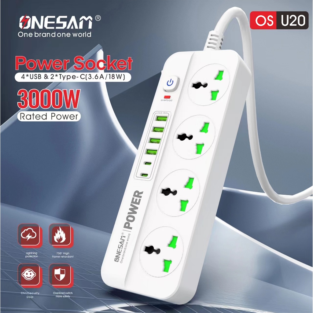 ONESAM OS-U20 Power Socket Charger / 2 PD + 4 USB Output + 4 Universal Socket / Rated Power ...