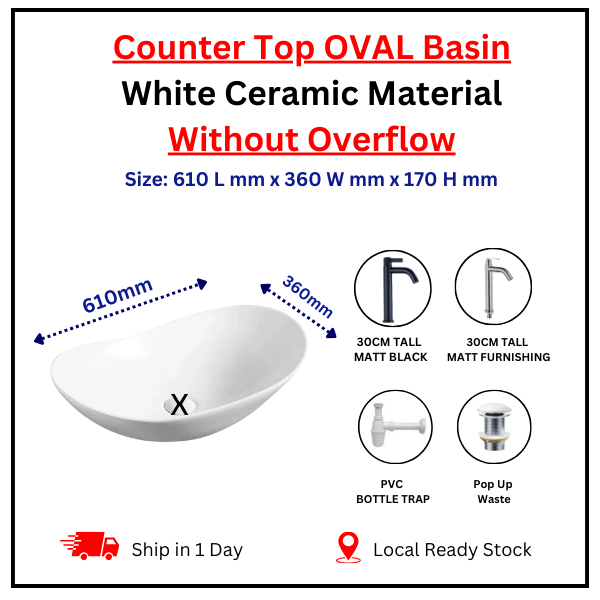 610MM Gloss White Oval Shape Basin Ceramic Deep Counter Top Basin ...