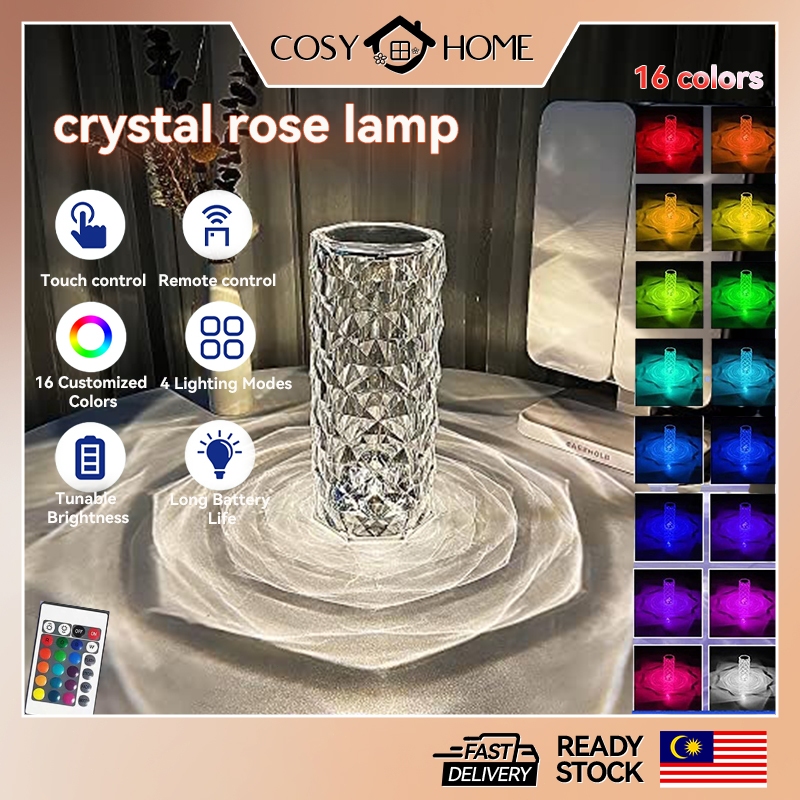 Crystal Diamond Rose Light 16 Colors USB Charging, LED Crystal Touch 3D ...