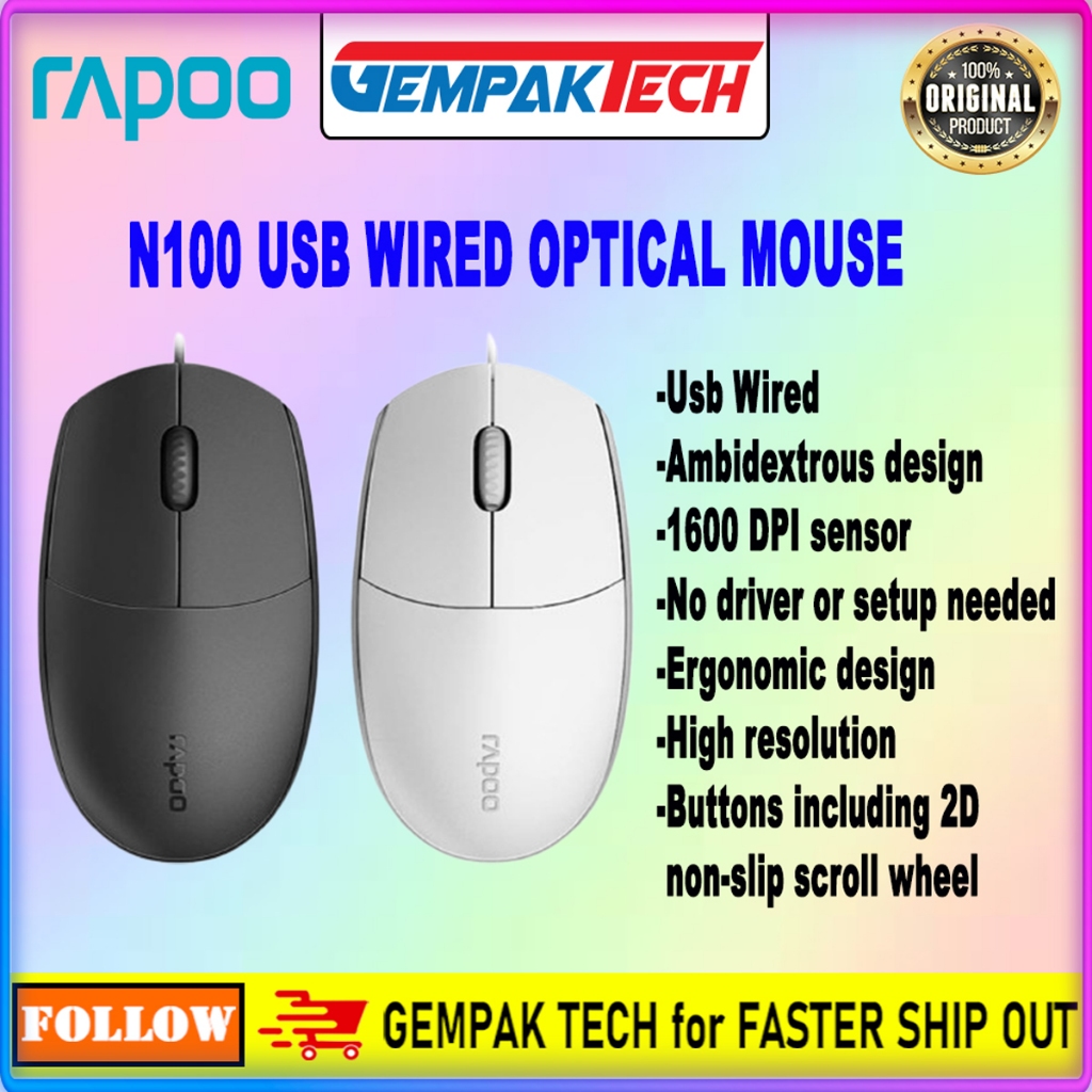 RAPOO N100 USB WIRED OPTICAL MOUSE(BLACK/WHITE) | Shopee Malaysia
