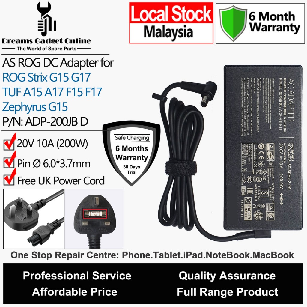 ASUS ADP-200JB D 200W 20V 10A 6.0*3.7mm DC Power Adapter Charger ASUS ROG Zephyrus G15 TUF A15 ...