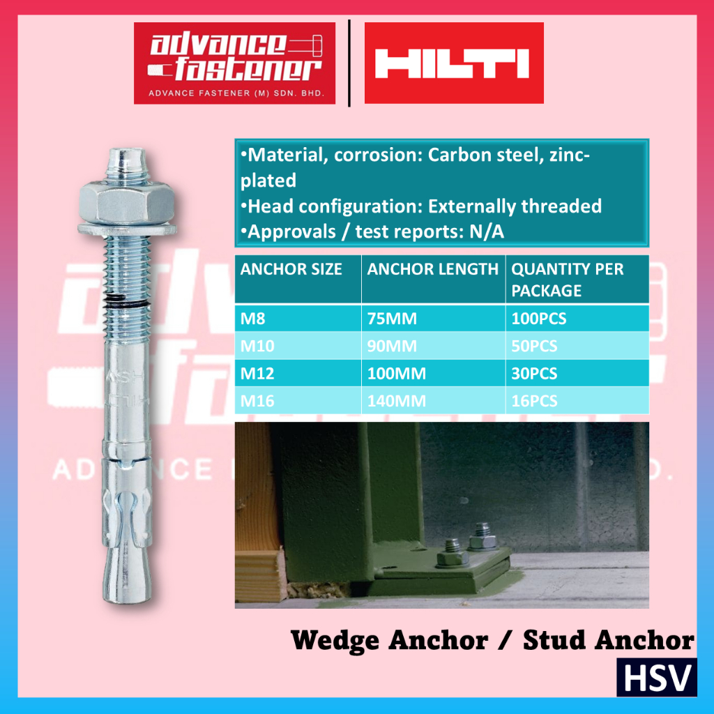 HILTI HSV Wedge Anchor / Stud Anchor M8 x 75 / M10 x 90 / M12 x 100 ...
