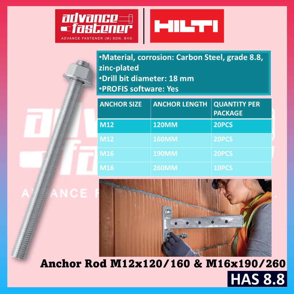 HILTI HAS 8.8 Anchor Rod M12 x 120 / M12 x 160 / M16 x 190 / M16 x 260 ...