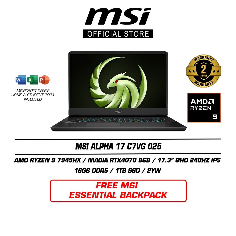 MSI Alpha 17 C7VG 025 (17.3" QHD IPS 240Hz/Ryzen 9-7945HX/16GB DDR5/1TB ...