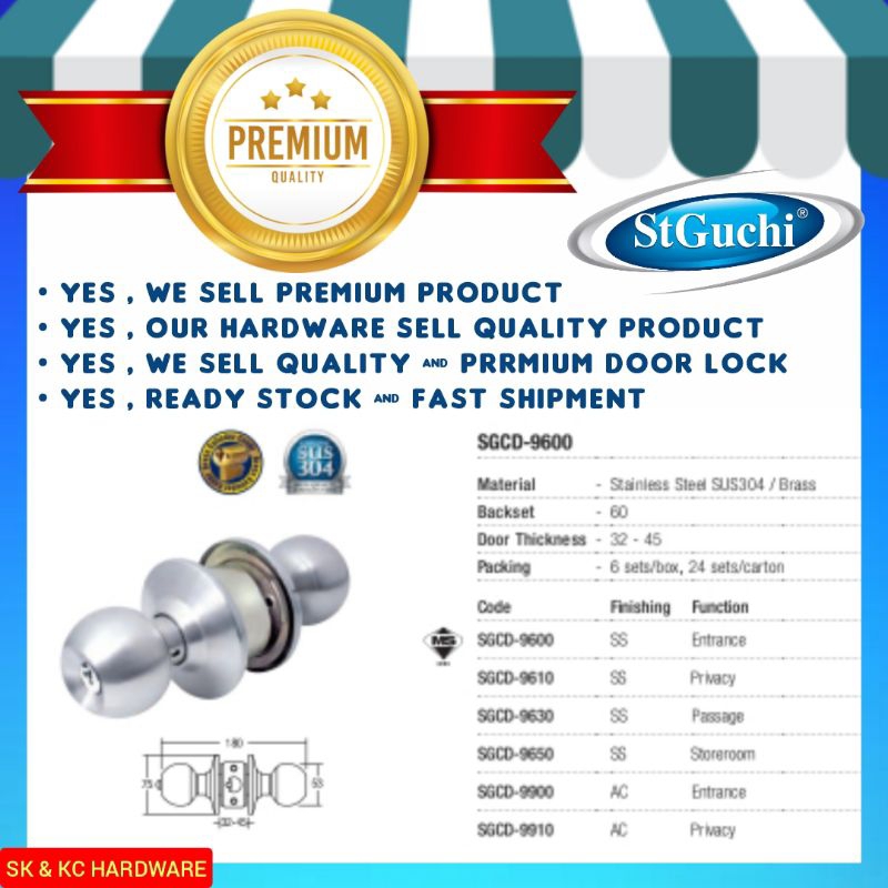 Premium St Guchi Cylindrical Door Lock Set For House Room / Tombol ...