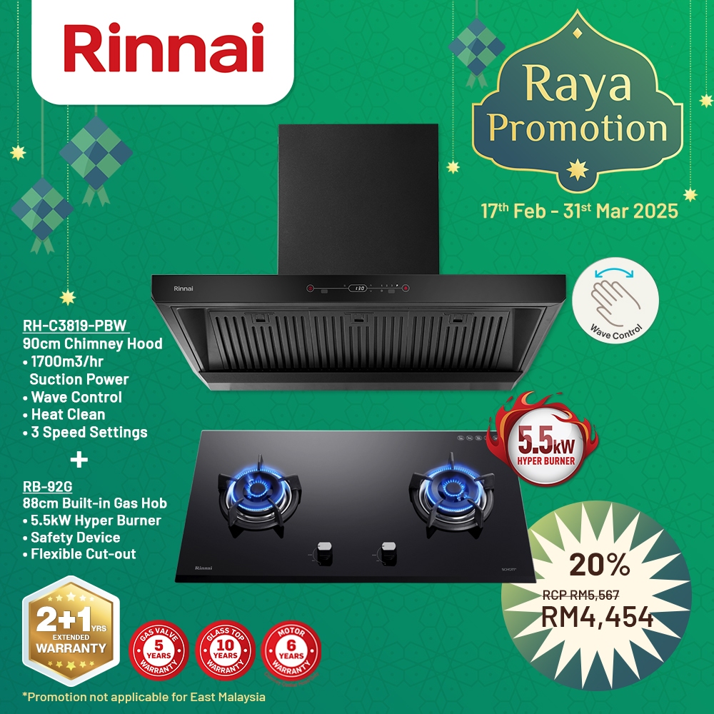 Rinnai Cooker Hood (90cm) RH-C3819-PBW + Built-in Gas Hob (88cm) RB-92G | Shopee Malaysia